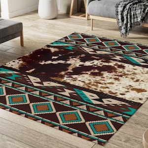 Western Cowhide Print Area Rug | Boho Western Accent Rug | Southwestern ...