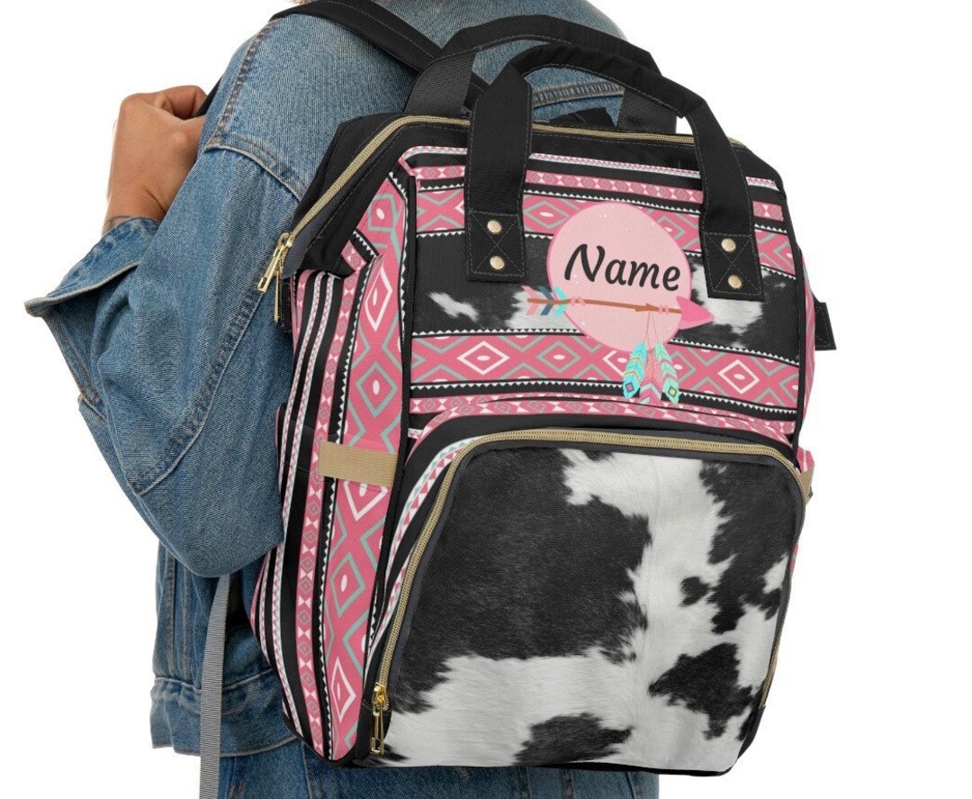 Personalized Cowhide Print Diaper Backpack, Pink Tribal Indian Faux ...