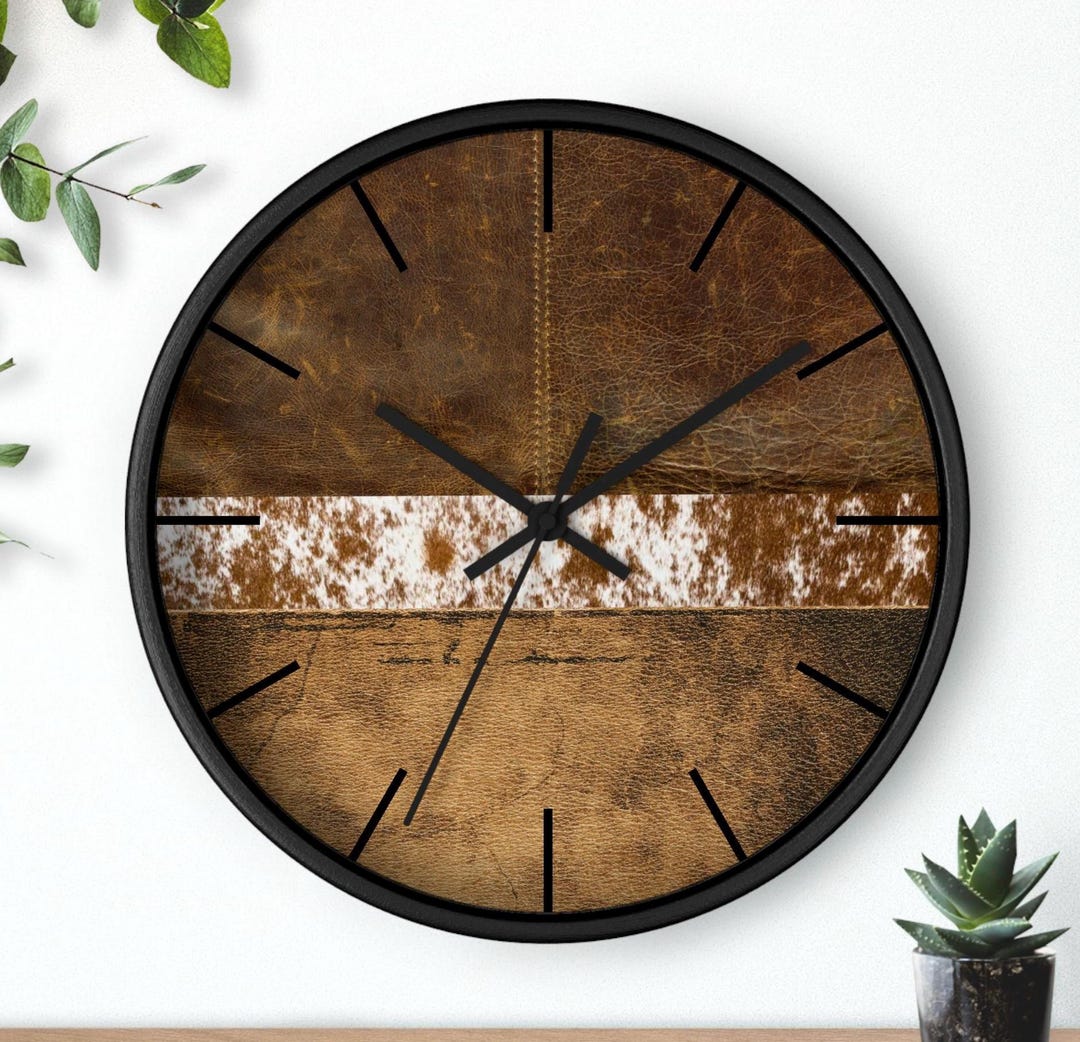 Cowboy Western Wall Clock, Cowhide Print Rustic Wood Clock, Distressed ...