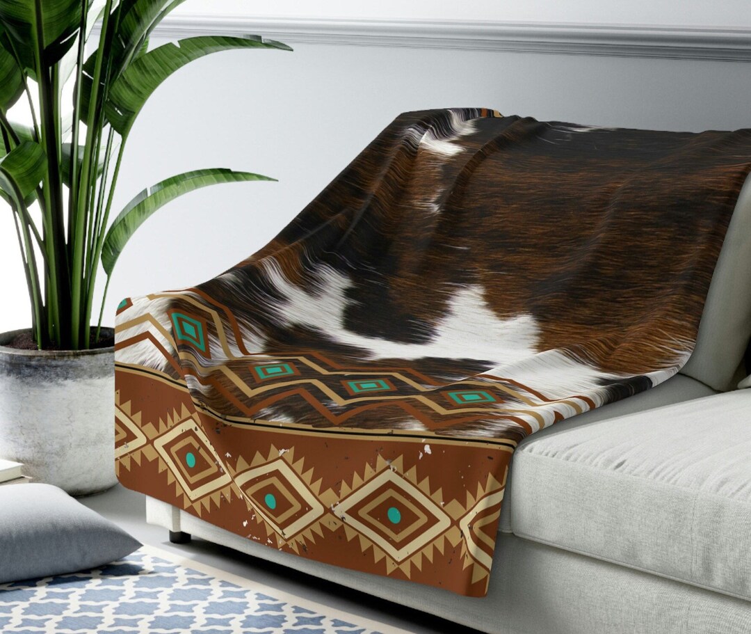 Cowhide Print Sherpa Fleece Blanket | Western Throw Blanket | Faux ...