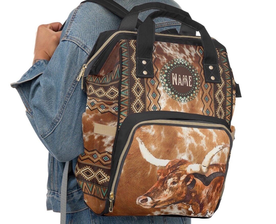 Personalized Cowhide Print Diaper Backpack | Monogrammed Western ...