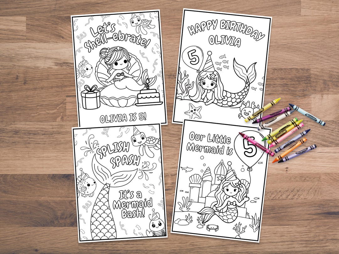 Mermaid Birthday Coloring Pages With Editable Text (digital Download ...
