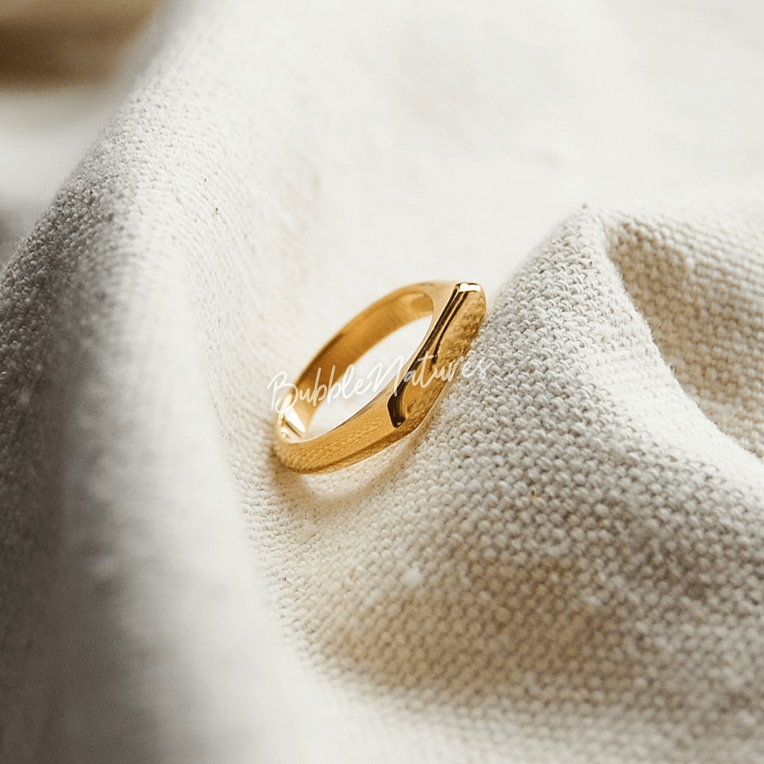 Waterproof Gold Rectangle Ring, 18K Gold Plated Stainless Steel Band ...