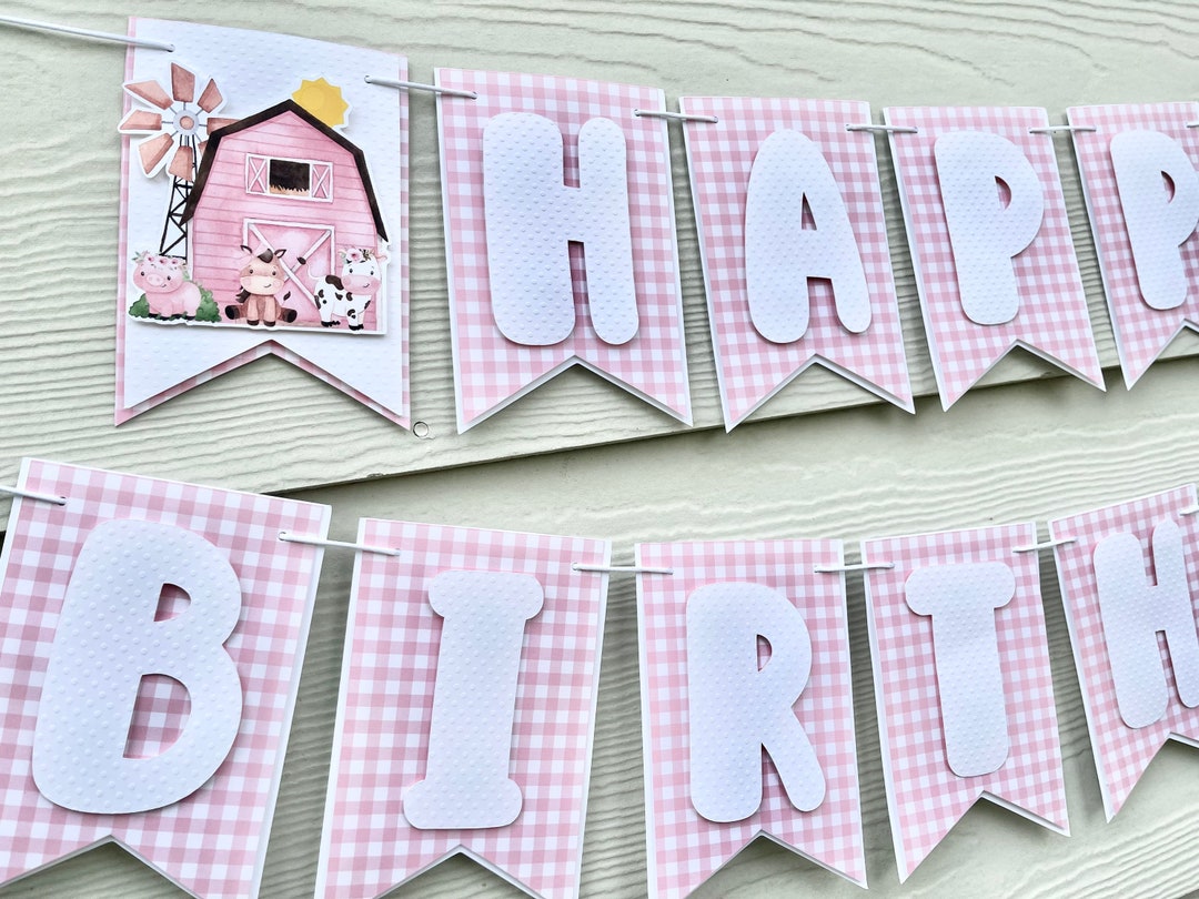 Pink Gingham Farm Birthday Banner Party Decorations - Etsy
