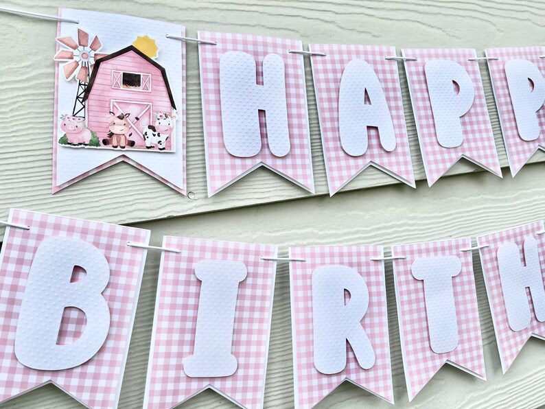 Pink Gingham Farm Birthday Banner Party Garland Decorations - Etsy