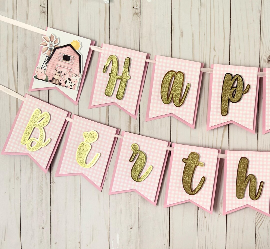 Pink Gingham Farm Birthday Banner Party Decorations - Etsy