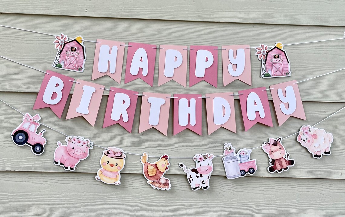 Pink Farm Birthday Banner Girl Farm Party Banner Pink Glitter - Etsy