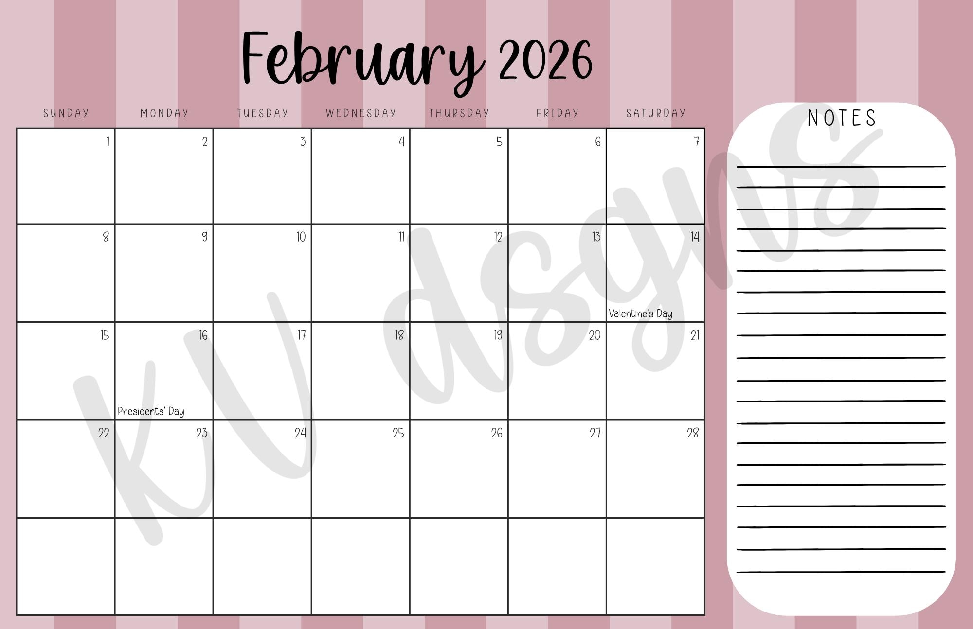 2026 Striped Calendar | 11x17 Printable PDF | Yearly Planner With ...