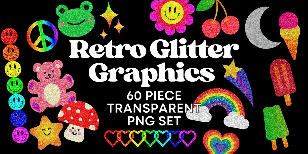 Retro Glitter Graphics PNG Set, Vintage 80s/90s/00s Y2K Clipart ...