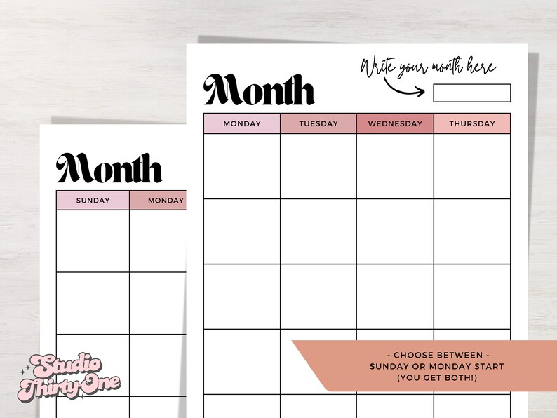 Printable Undated Monthly Calendar Cute Calendar for College - Etsy