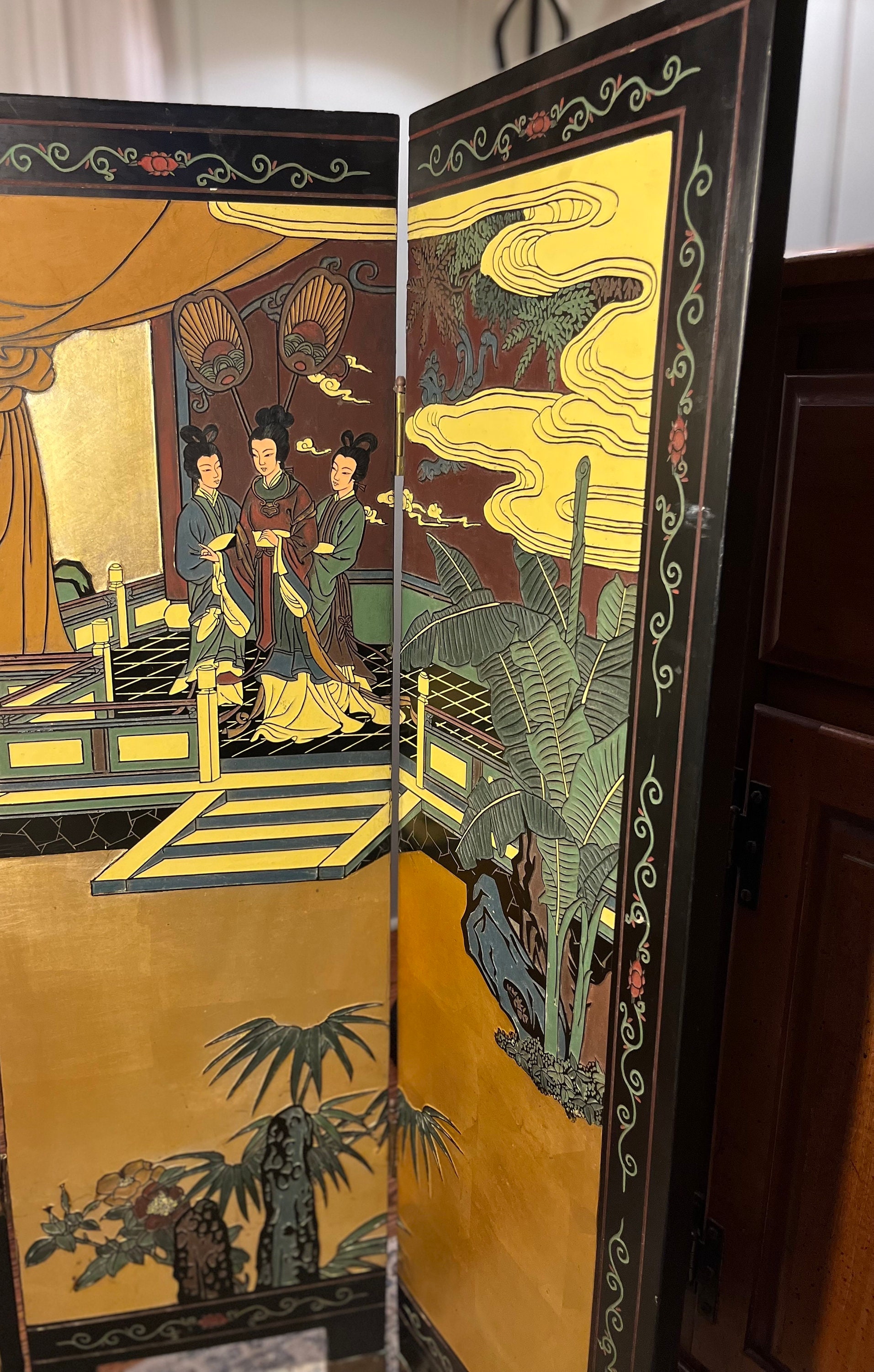 Black Lacquered Asian/chinese Antique Black Lacquered Double Sided Wall ...