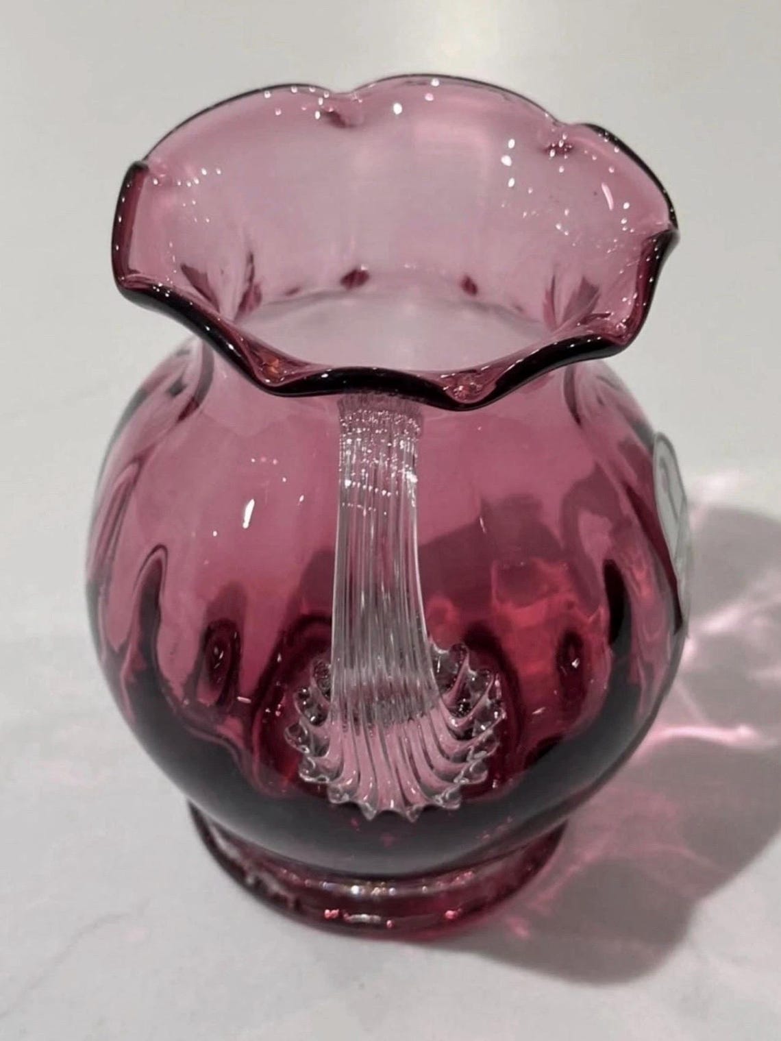 Vintage Pilgrim Cranberry Optic Glass Ruffled Edge Clear Handle Bud ...