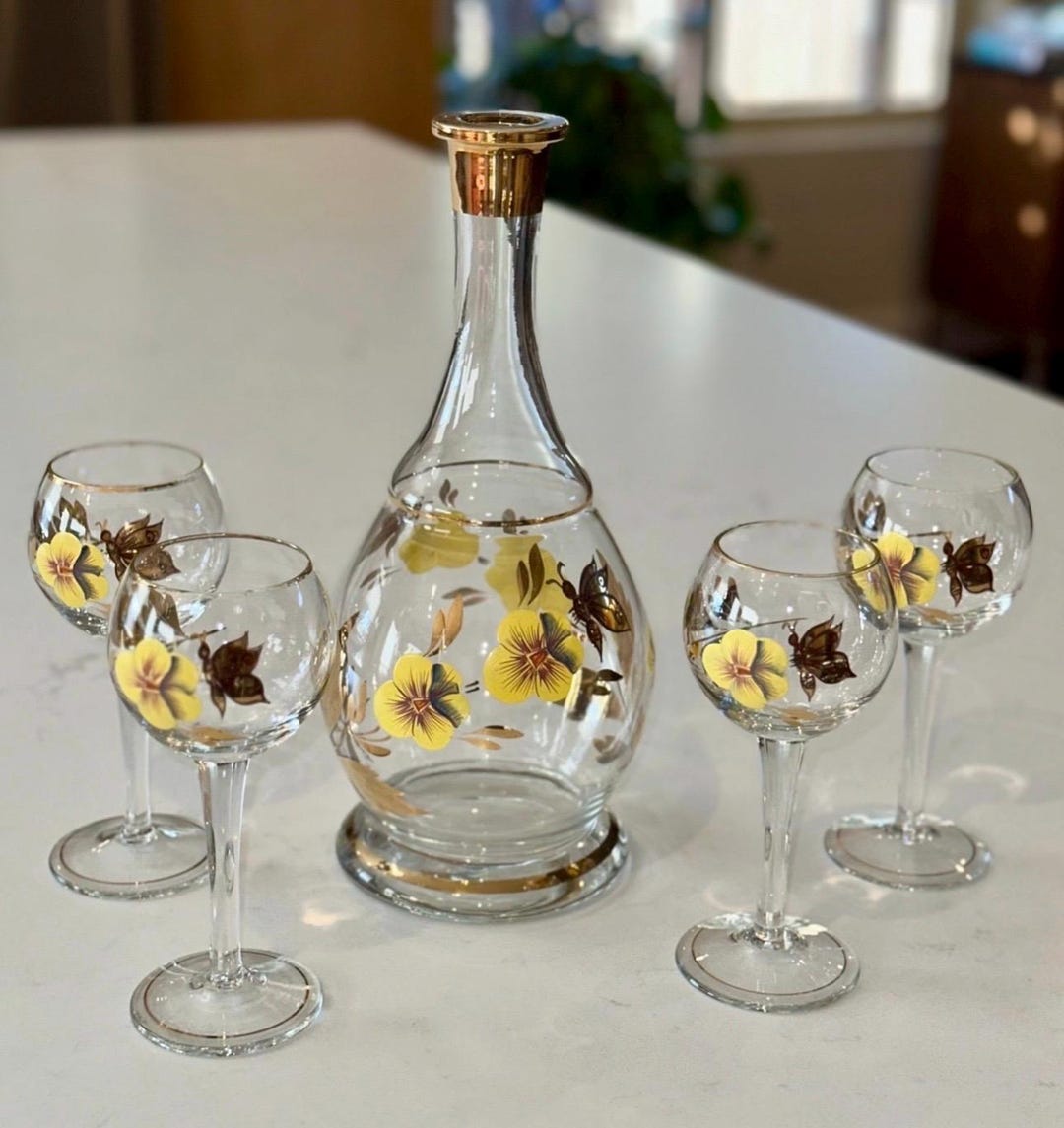 Romanian Crystal Decanter and 4 Stemmed Glasses Hand Painted Gold ...