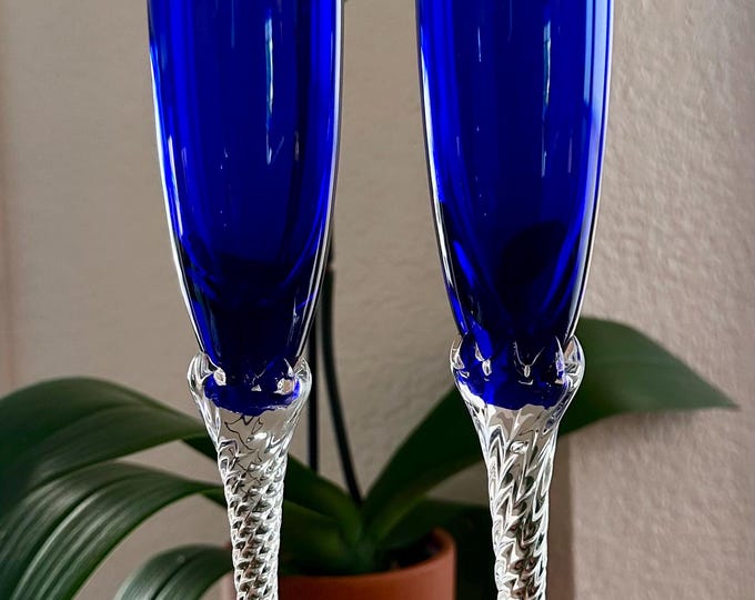 Romanian Cobalt Blue Crystal Champagne Flutes Twisted Clear Glass Stems ...
