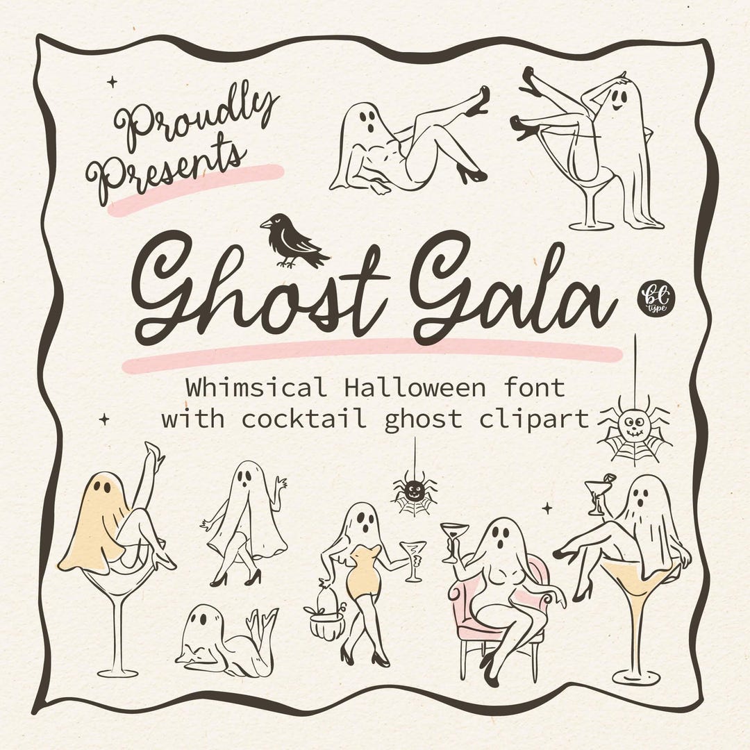 Ghost Gala – Halloween Ghost Font + 52 Clipart | Hand-drawn Whimsical ...