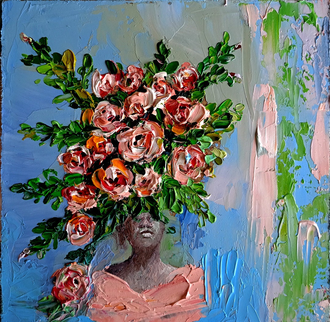 Floral Faceless Woman Painting: Impasto Rose Artwork, 6x6 Original Art ...