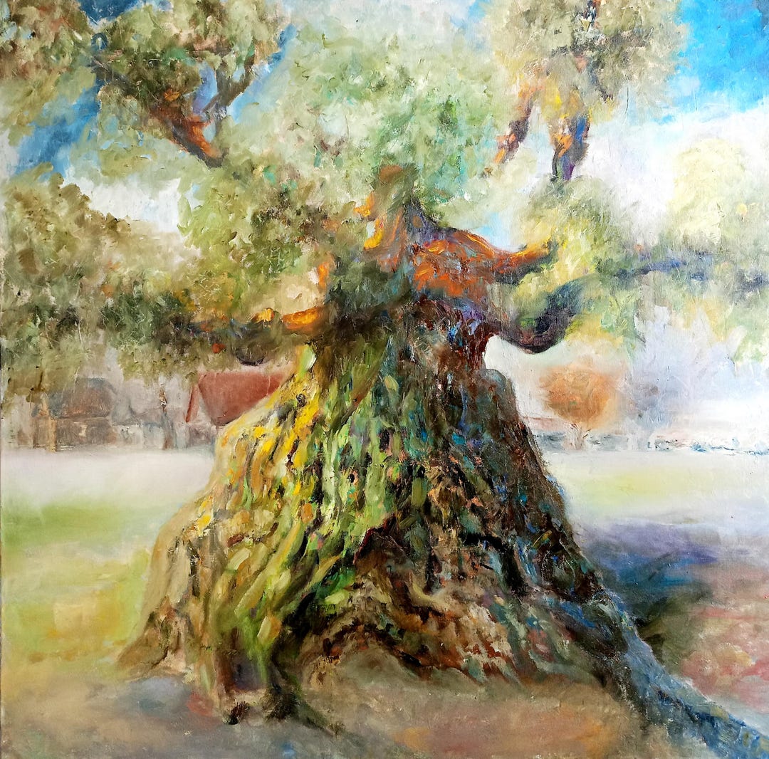 Large Olive Tree Oil Painting: Original Landscape Art (31.5x31.5 In ...