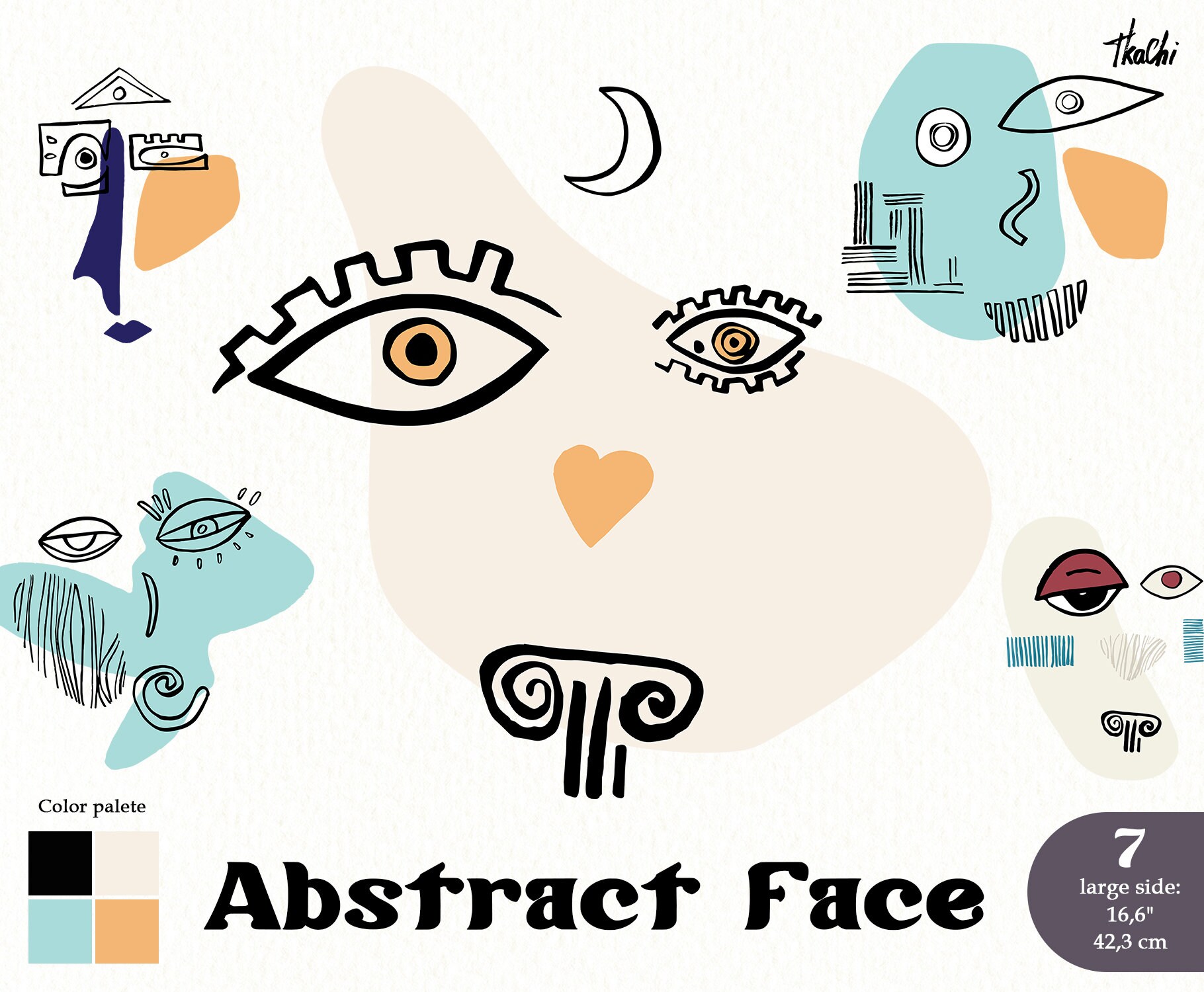 Abstract face clipart cartoon modern face fine art Single | Etsy