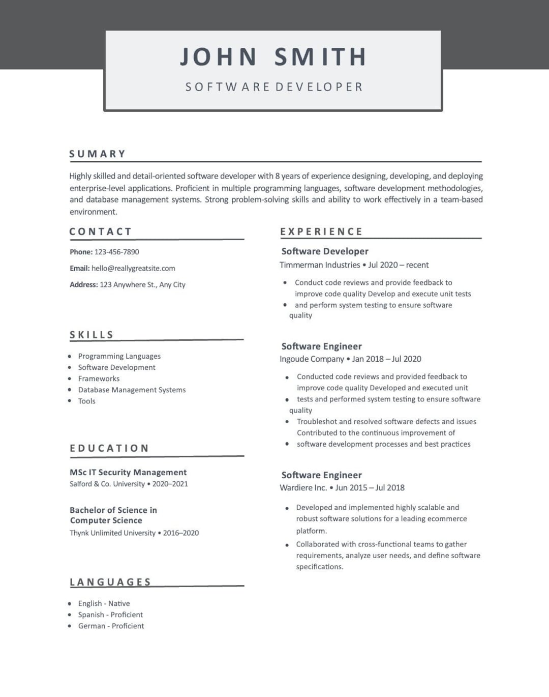 Gray and White Professional Resume, CV, Editable Download in WORD - Etsy