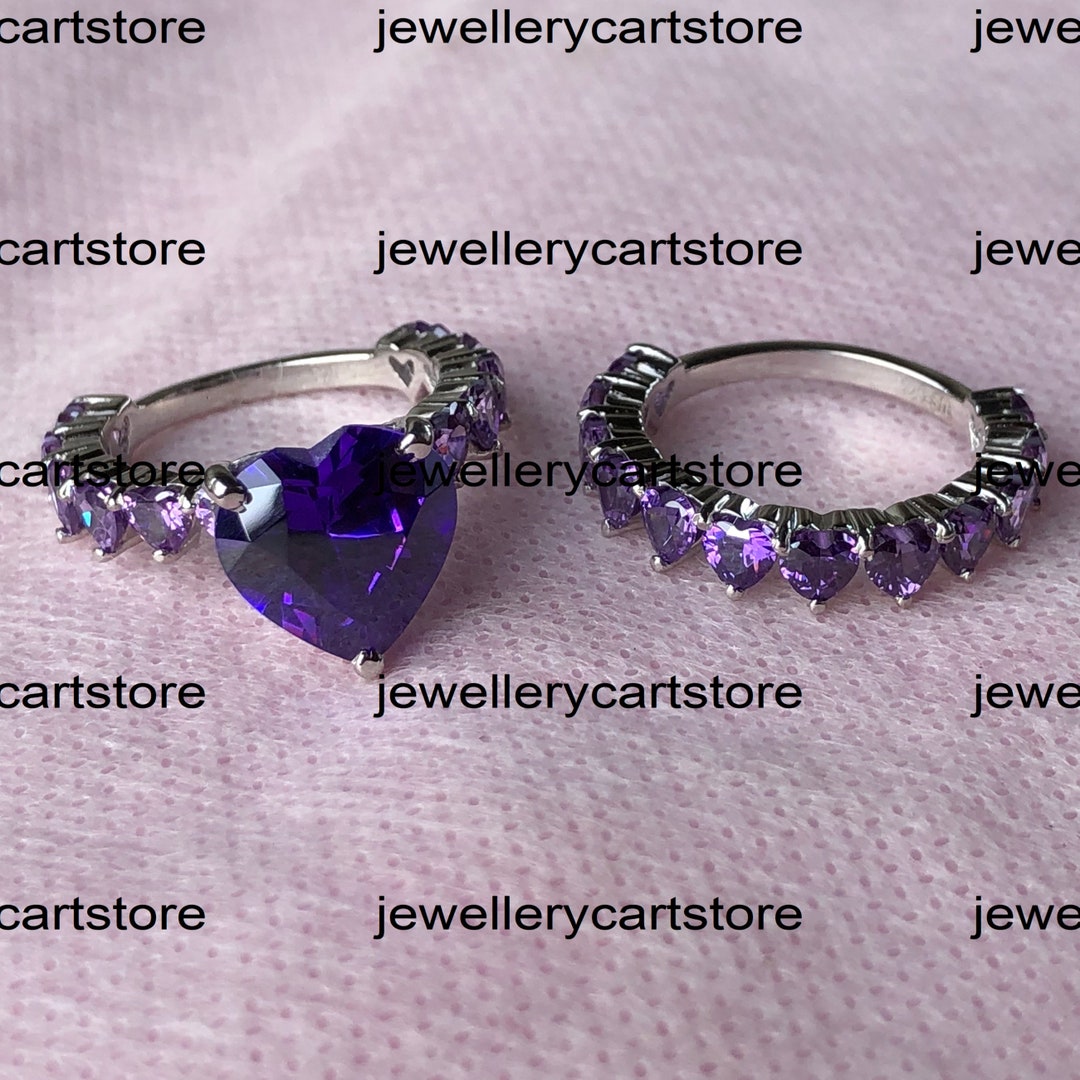 All Purple Heart Cut Stones Ring Dark Purple Diamond Wedding Ring Set ...