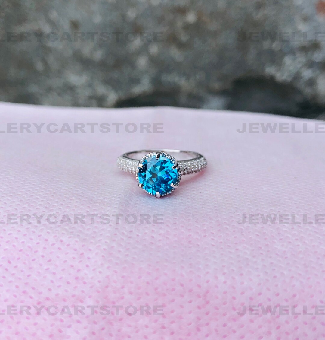 Round Aquamarine Ring, Aladdin Ring, Six Prong Pave Set Ring, 925 ...