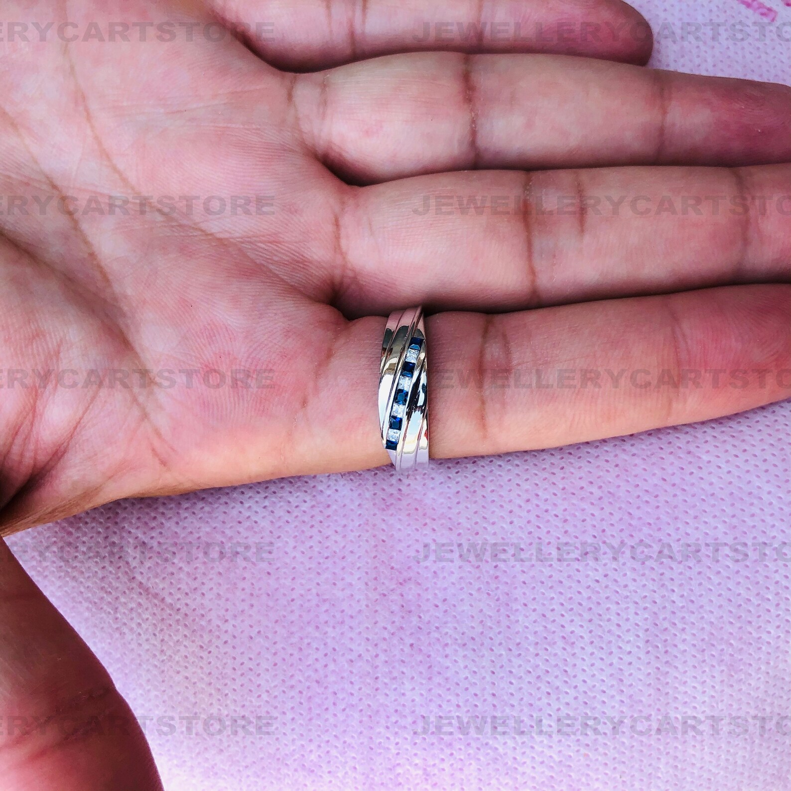 Men's Blue Sapphire and 0.50ct White and Blue Row Wedding Band, 925 ...