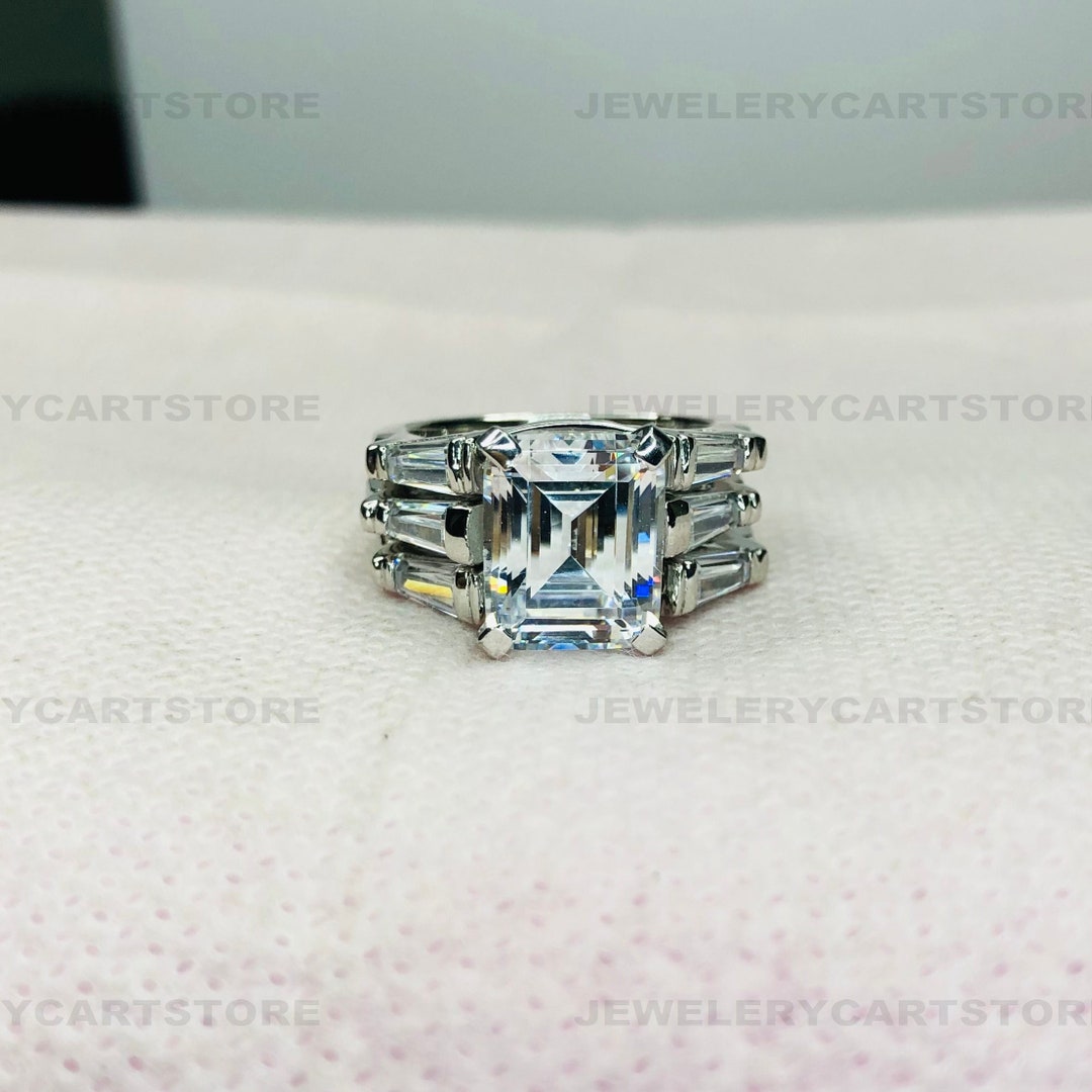 Three Stone Bridal Ring Set, Solid White Gold Bridal Set, Engagement ...