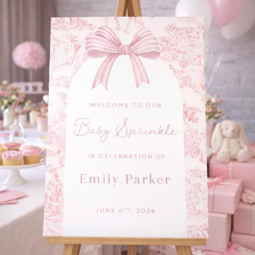 Pink Toile Baby Sprinkle Welcome Sign With Watercolor Bow – Editable ...