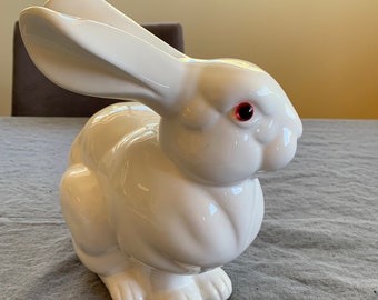 Large White Ceramic Bunny Rabbit Sitting With Red Eyes and Long Ears - Etsy