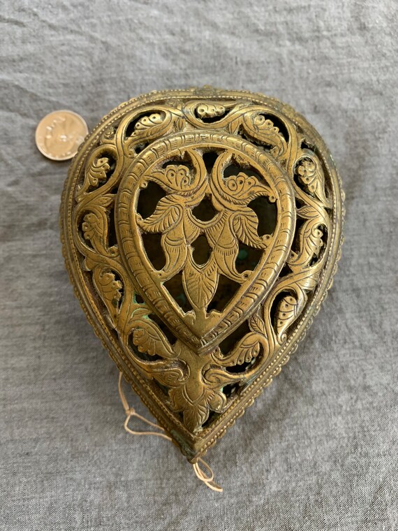 Antique Brass Jali Cut Heart Shape Jewelry Box - Gem