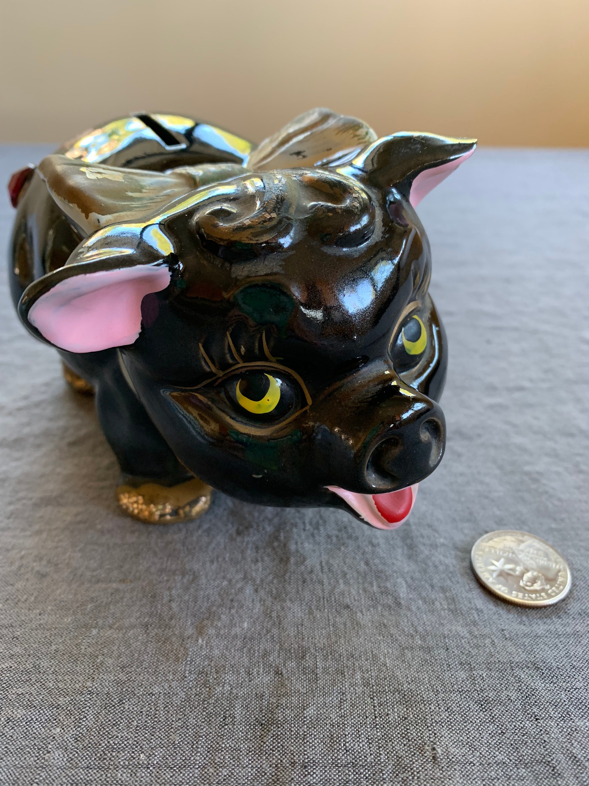 Black Ceramic Piggy Bank 1930s - Etsy