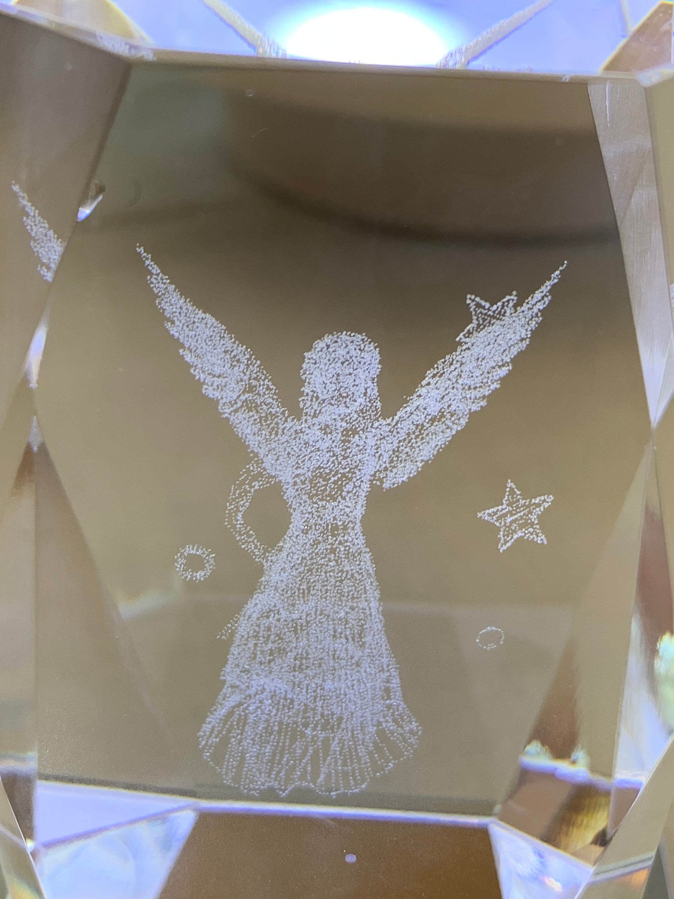 Angel 3D Laser Etched Hologram in Faceted Crystal Block With Light Box ...