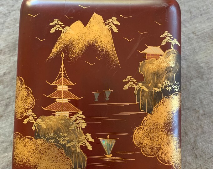 Japanese Red Lacquered Box With Village Scene - Etsy