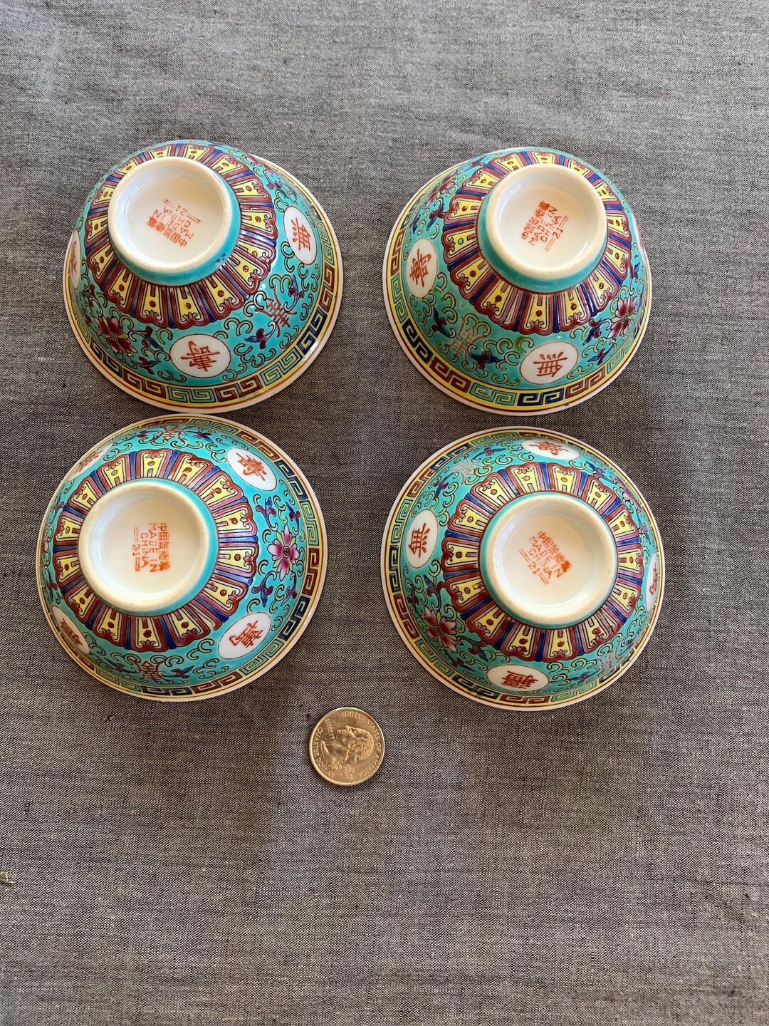 Chinese Mun Shou Longevity Rose Porcelain Turquoise Teacups Set of 4 - Etsy