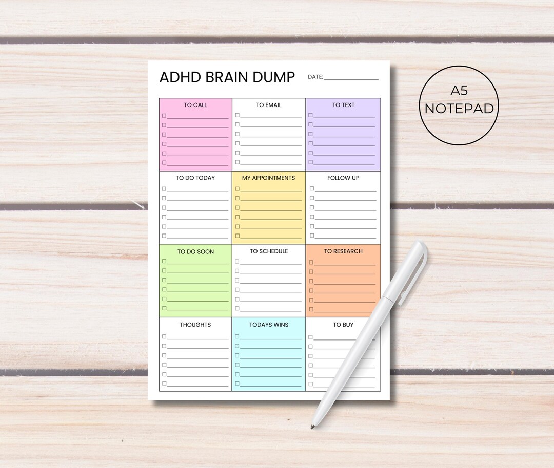 ADHD Brain Dump Notepad – A5 Color-coded Daily Organizer for Focus ...