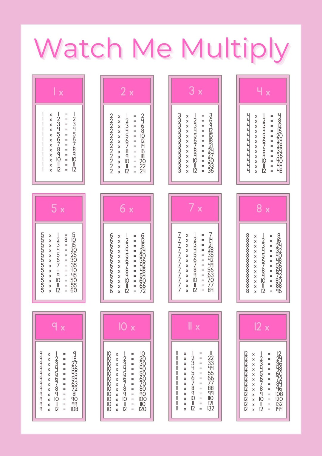 Watch Me Multiply - Pink Times Table Chart | Printable Multiplication ...