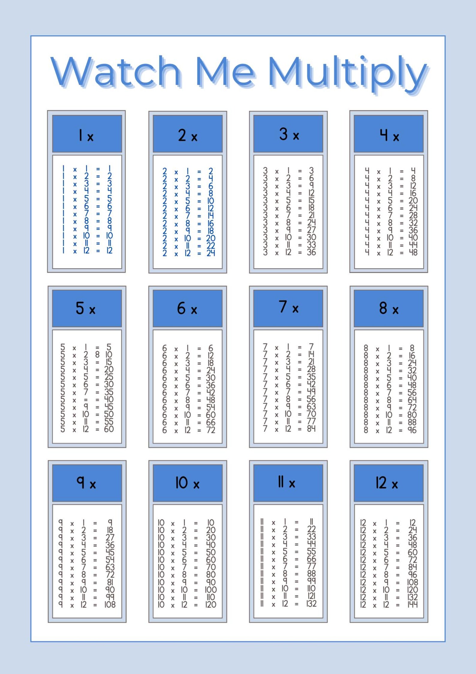 Watch Me Multiply - Blue Times Table Chart | Printable Multiplication ...