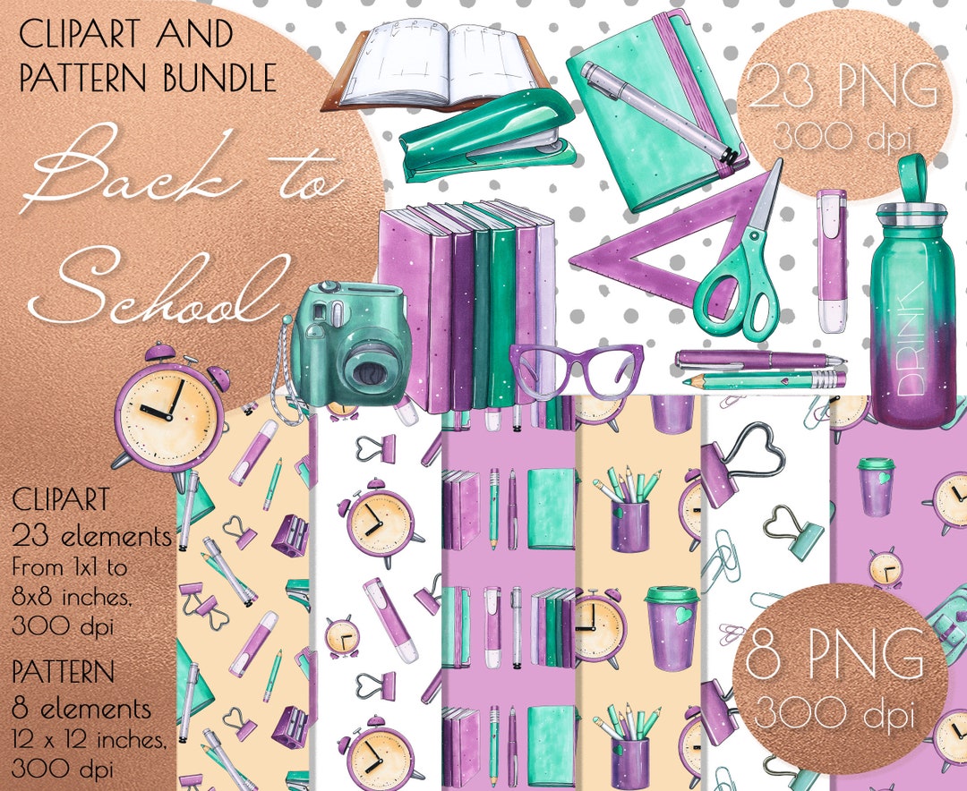 Back to School PNG Clip Art Seamless Pattern Bundle Digital Download - Etsy