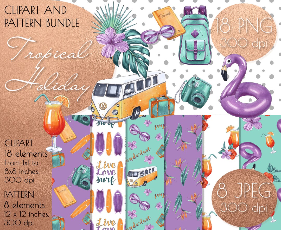 Tropical Holiday Travel Clipart Seamless Pattern Bundle Digital ...
