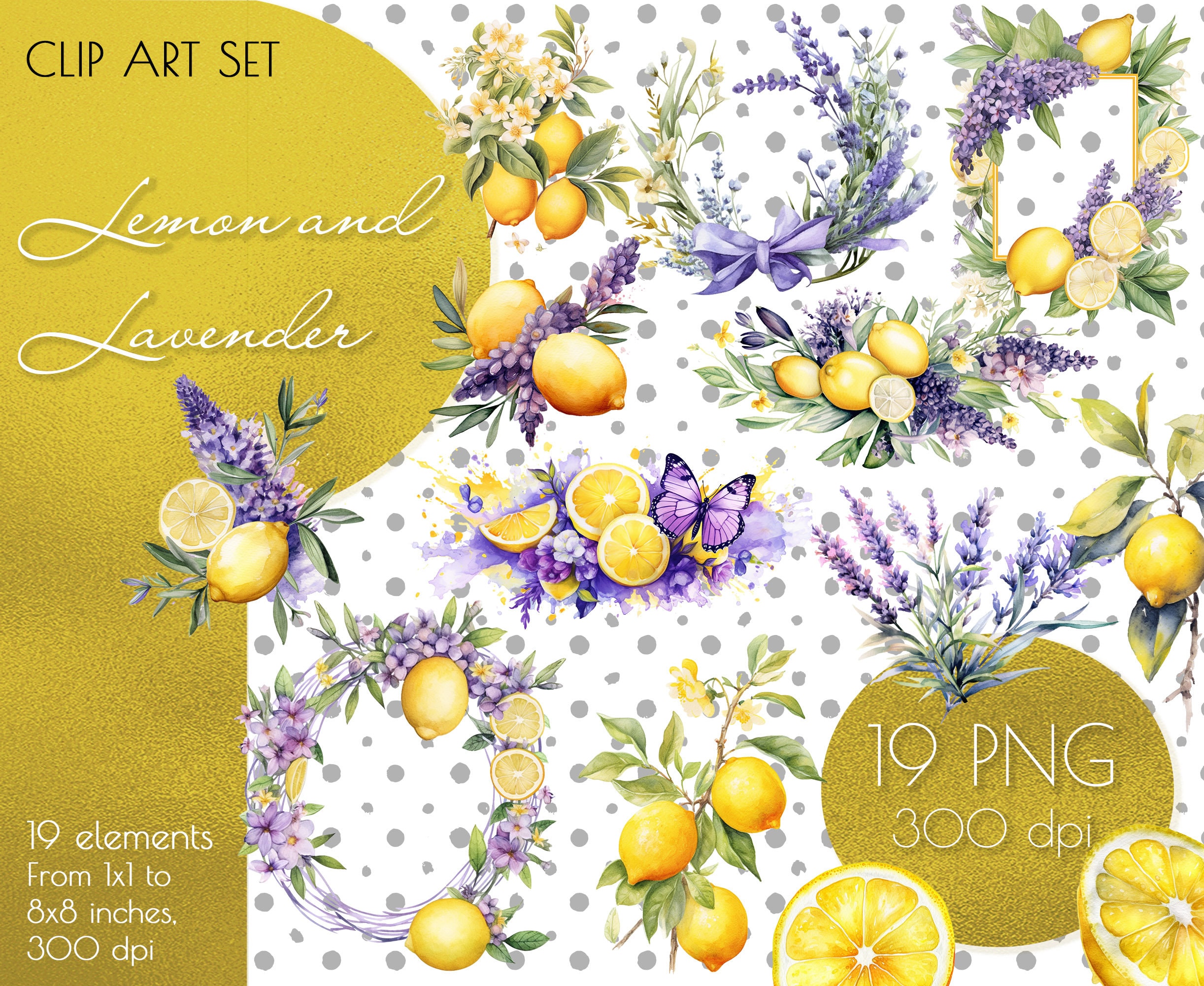 Watercolor Lemon and Lavender PNG Clip Art Greenery Clipart Digital ...