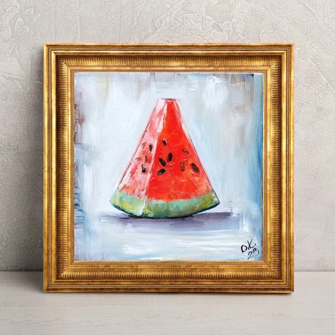 Watermelon Slice Oil Painting: Summer Fruit Still Life, 6x6 Kitchen Art ...