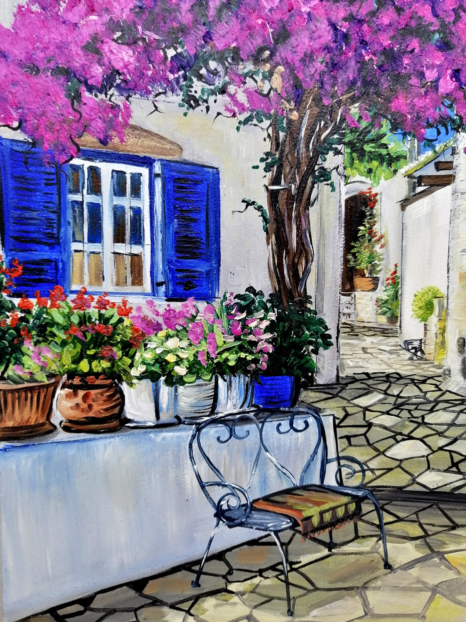 Corfu Greece Oil Painting Original Bougainvillea Flowers Afionas Island ...