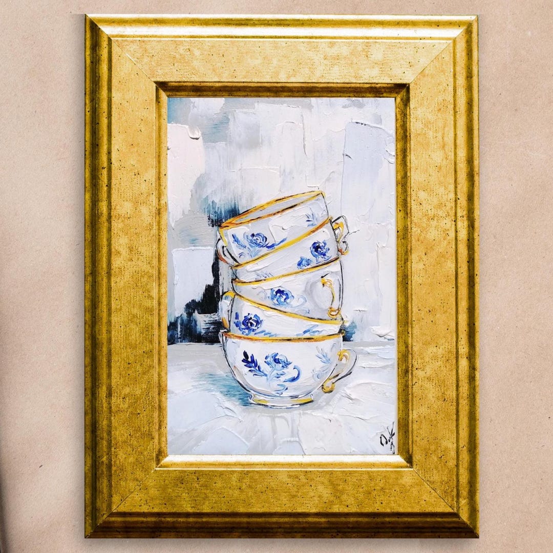 Tea Cups Painting Original Art Vintage Still Life Oil Painting Muted ...