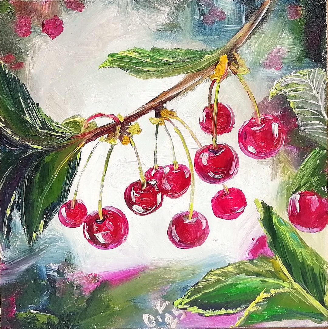Original Cherry Oil Painting 6x6 Fruit Still Life, Kitchen Decor - Etsy