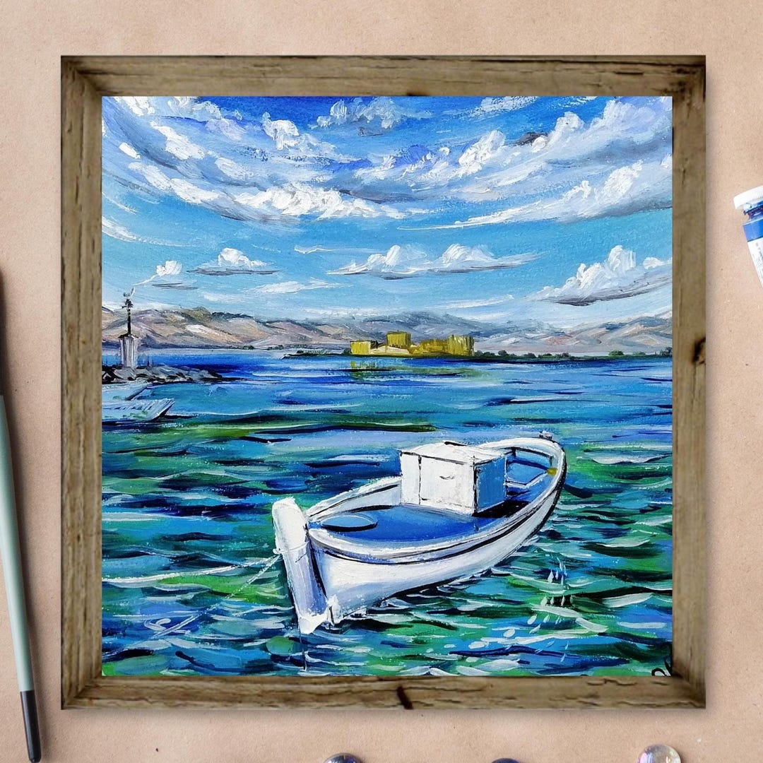 Santorini Greece Oil Painting Original White Boat Greek Seascape Art ...