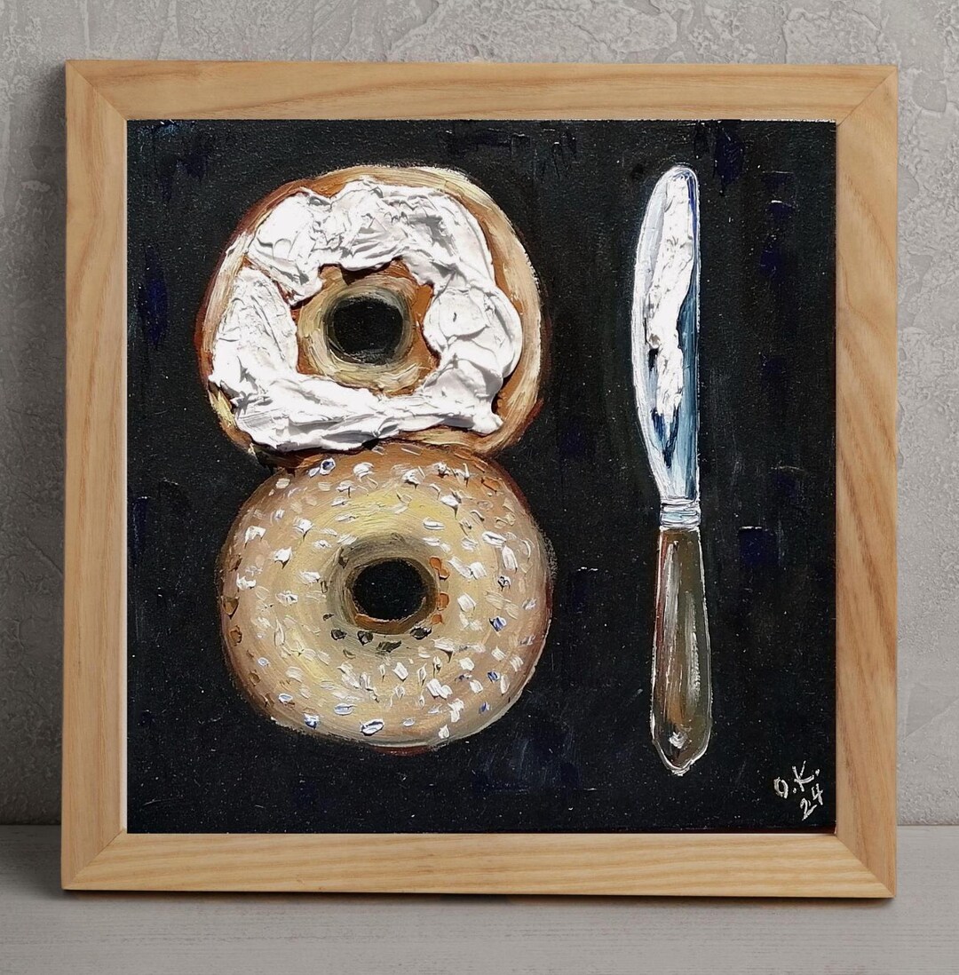 Original Oil Painting Bagel With Cream Cheese Dark Still Life Painting ...