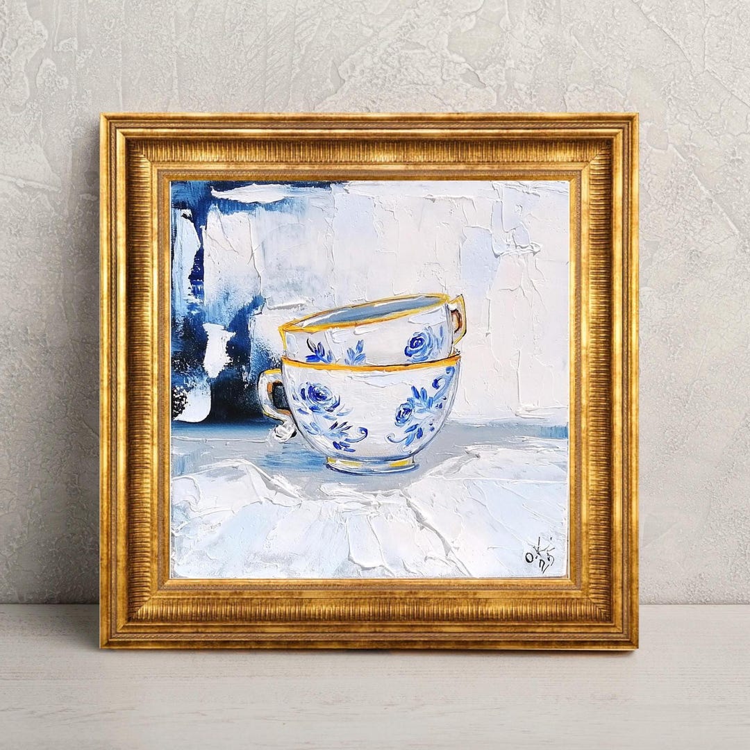 Tea Cup Painting Original Art Vintage Still Life Oil Painting Muted ...