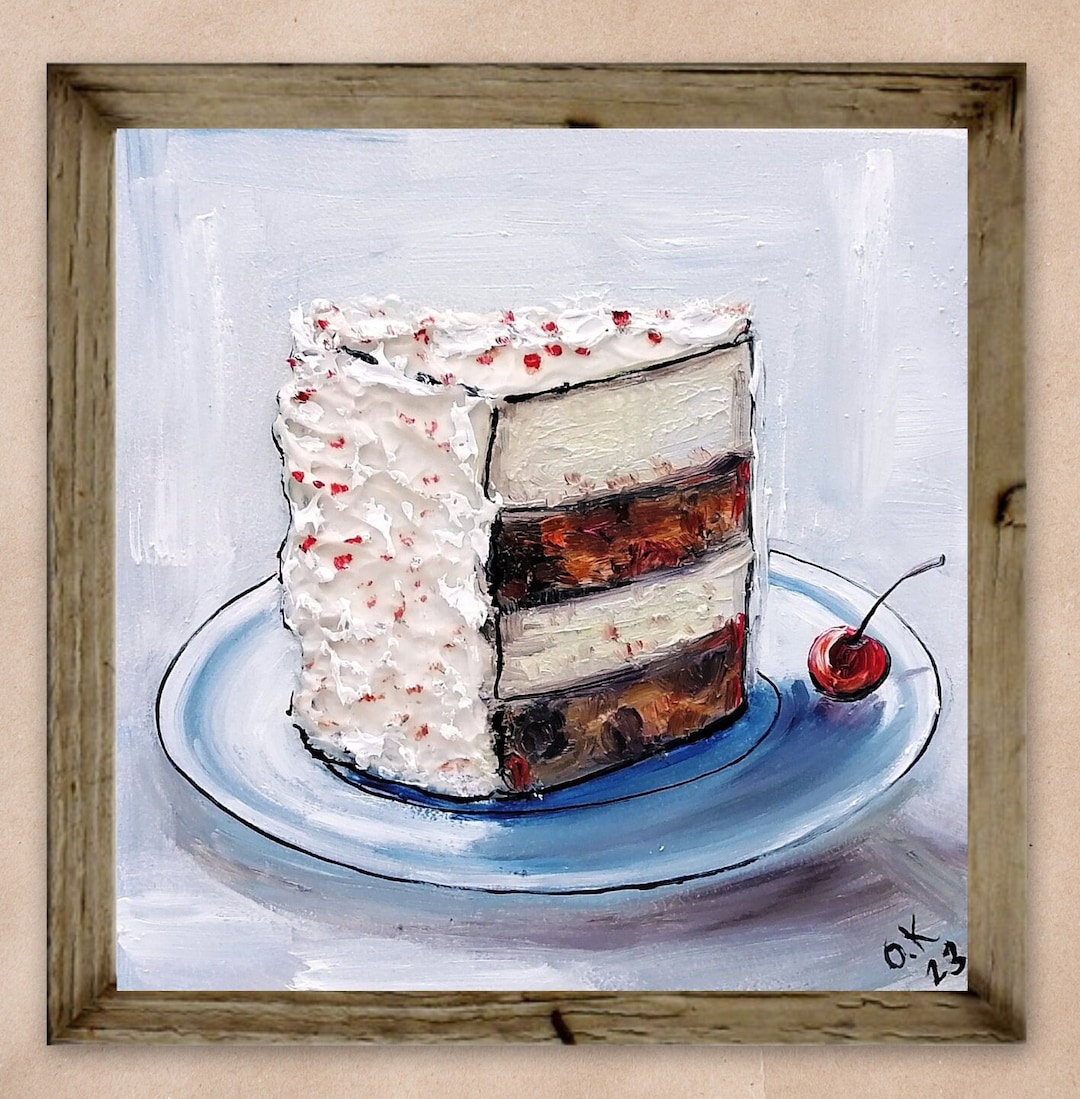 Cake Oil Painting: Small Still Life Dessert Art, Moody Kitchen Decor ...