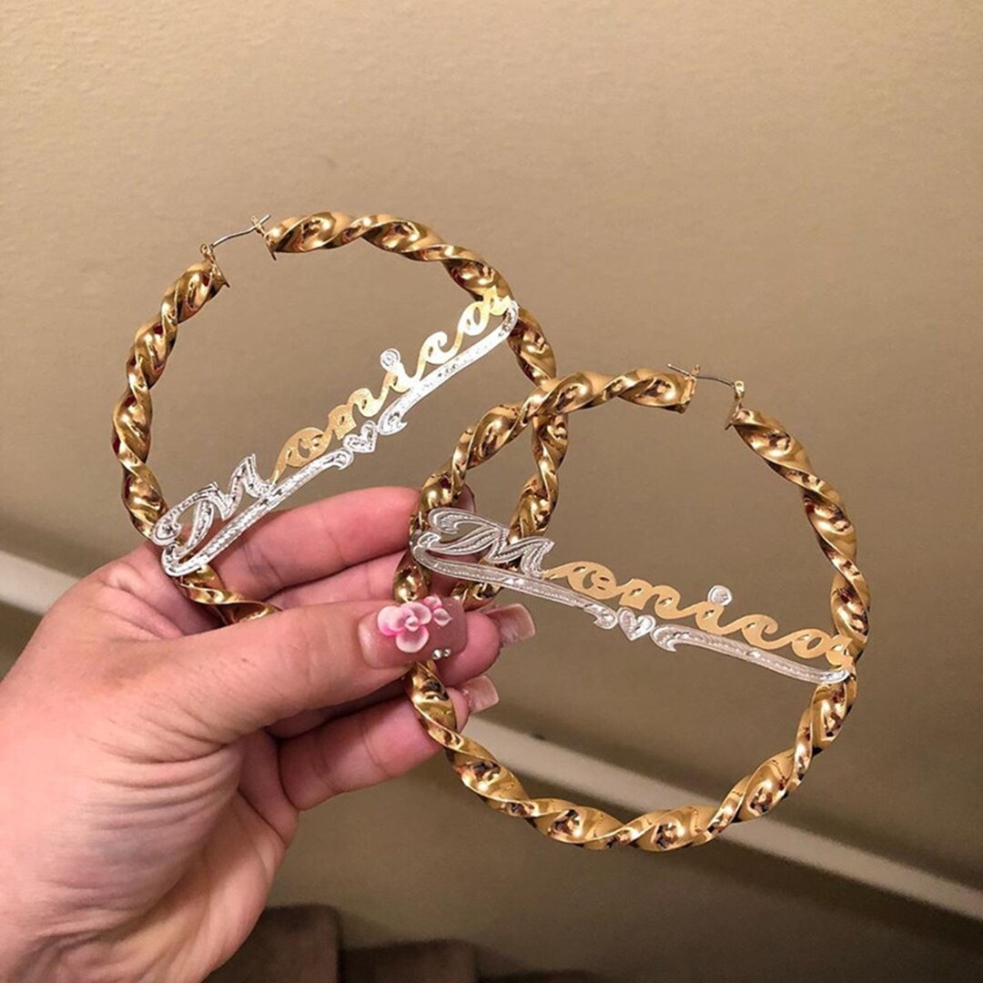 Custom Hoop Earrings,double Nameplate Earrings,name Hoop Earrings,gold ...