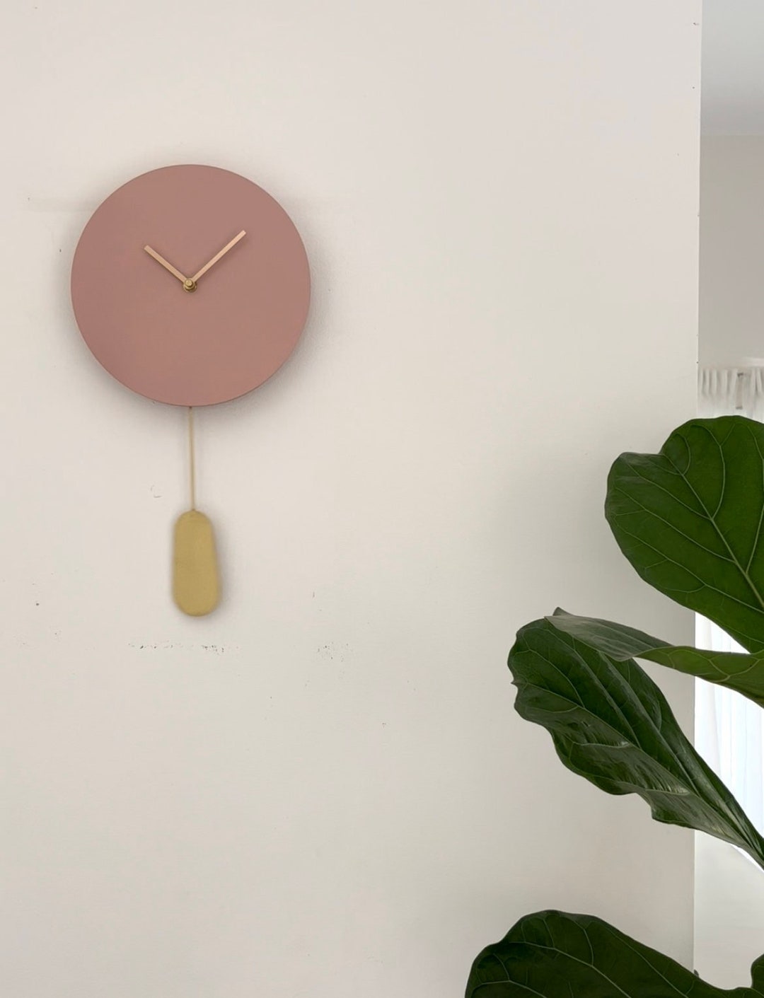Round Pink Wall Clock With Brass Pendulum and Gold Hands | Nordic Wall ...